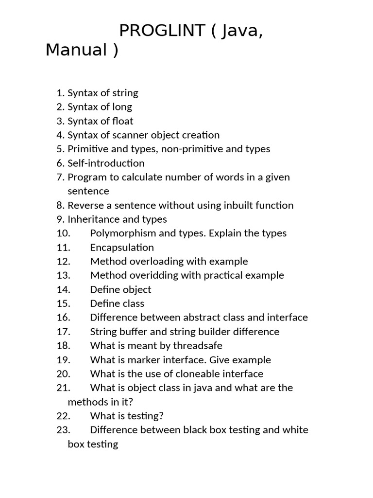 Proglint Questions (Java, Manual) | PDF