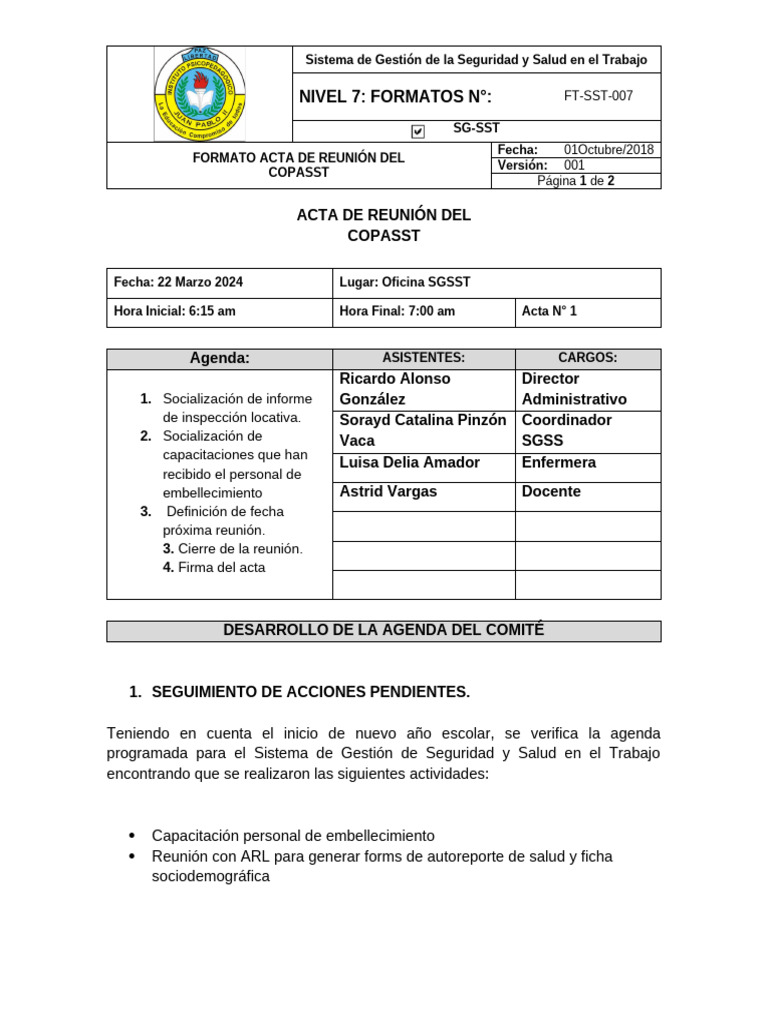 Acta de Reunión COPASST - Marzo 2024 | PDF