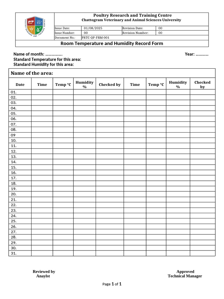 PRTC-QP-FRM-001 Daily Temperature and Humidity Log Form | PDF