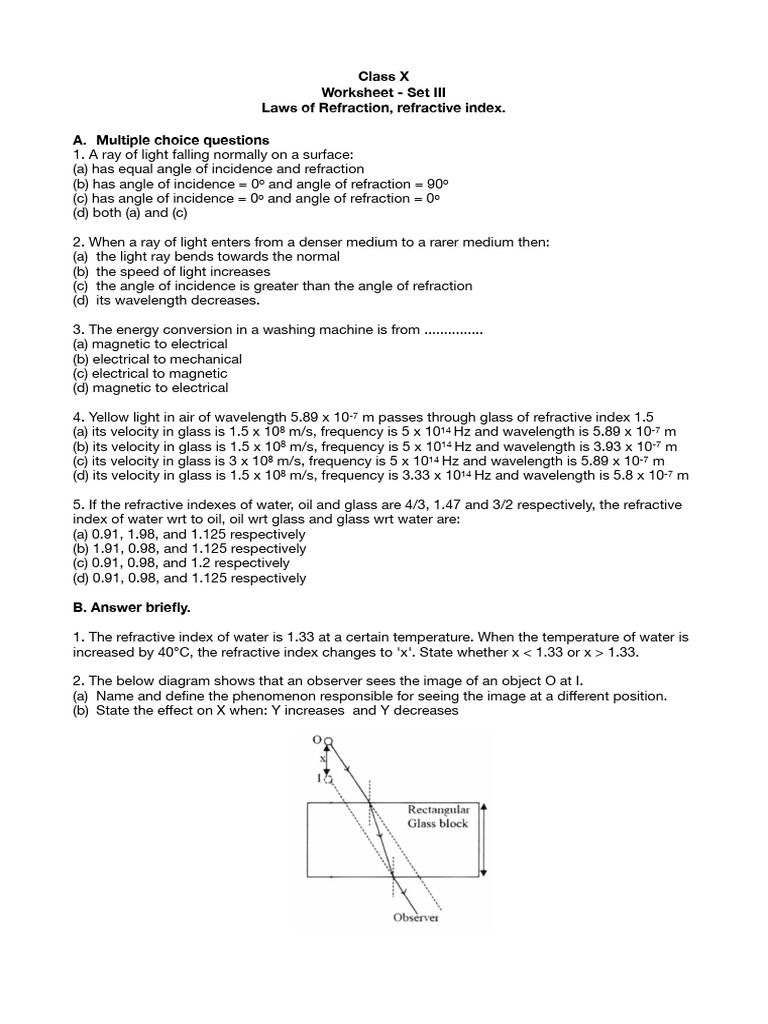 HW Set3 RefractionPlane ClassX | PDF | Refraction | Refractive Index