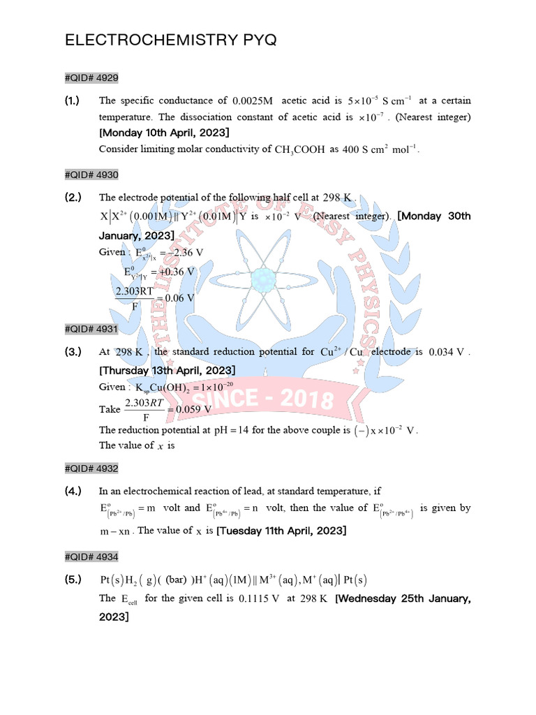 Electrochemistry Pyq | PDF | Electrochemistry | Physical Sciences