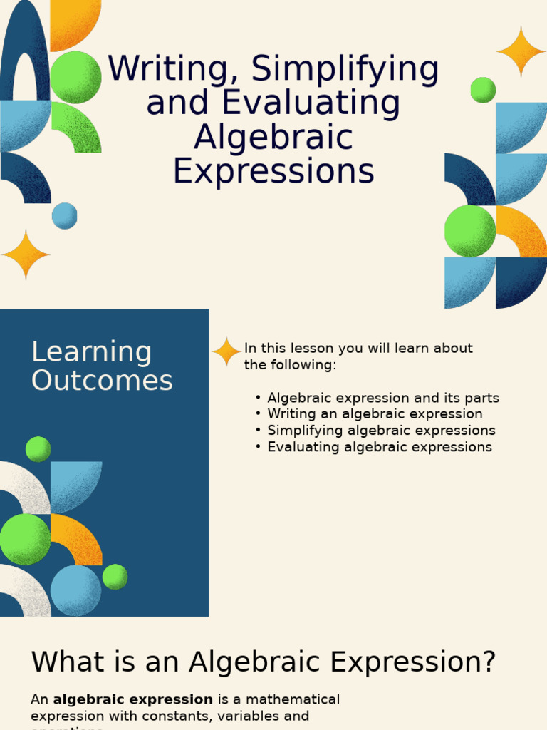 Writing, Simplifying and Evaluating Algebraic Expressions | PDF ...