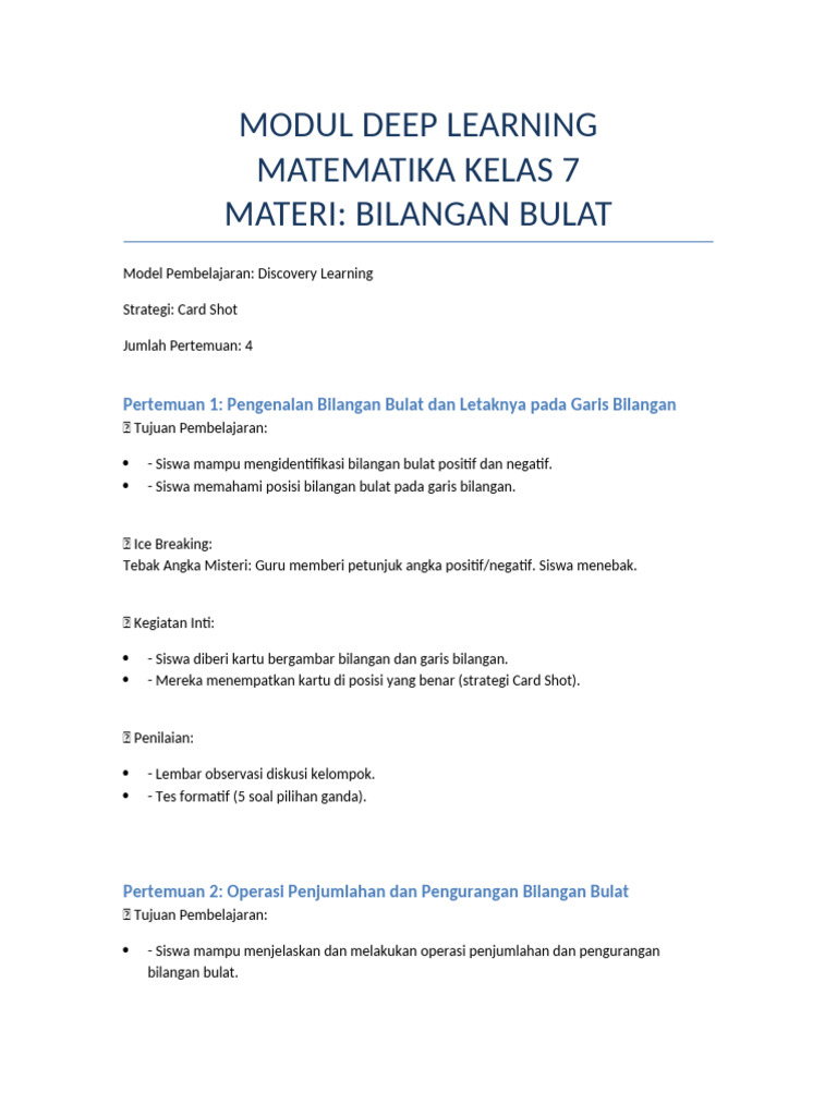 Modul Deep Learning Bilangan Bulat Kelas 7 | PDF