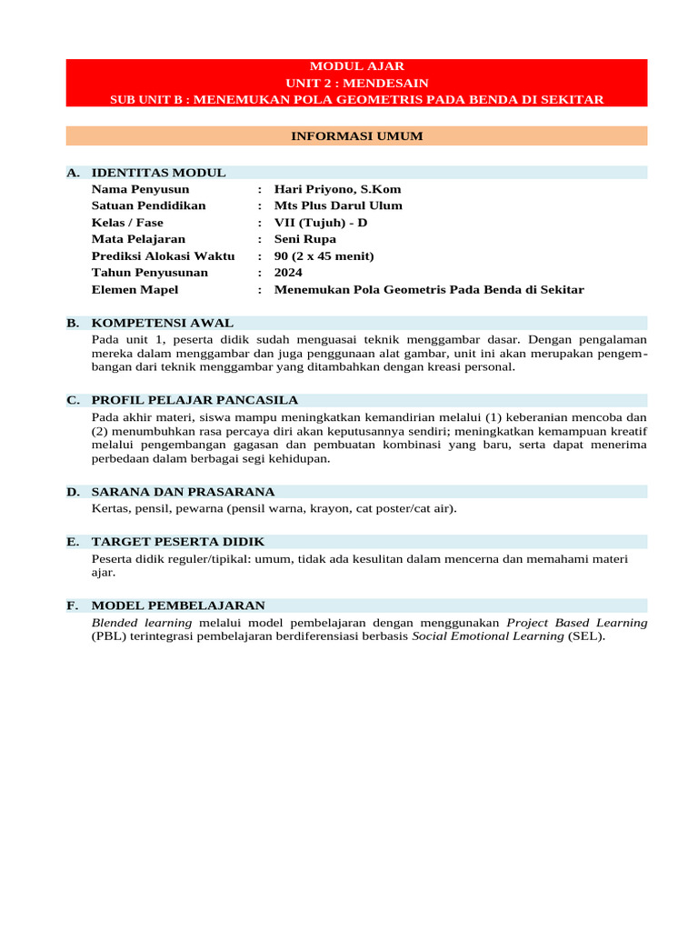 Modul Ajar 7 Seni Rupa - Unit 2 - Sub Unit B | PDF
