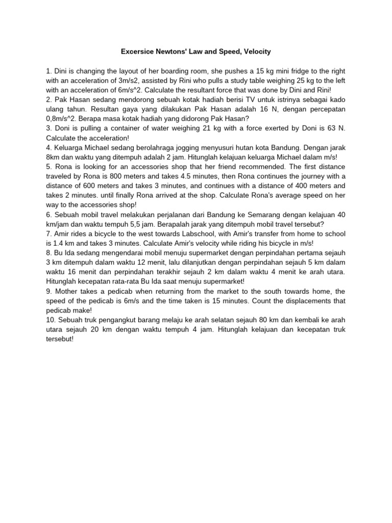Excersice Newtons' Law and Speed, Velocity | PDF