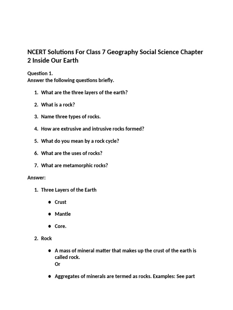 Class 7 Geography Solutions CH.2 Inside Our Earth | PDF | Rock (Geology ...