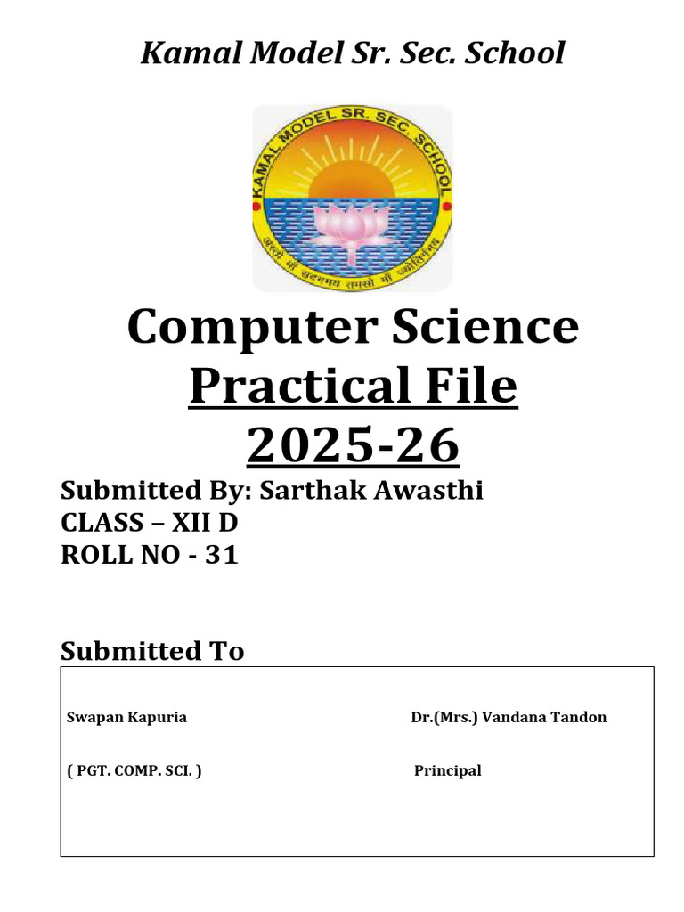 XII CS Practical File With Answer 2025-26-1 | PDF | Integer (Computer Science) | Databases