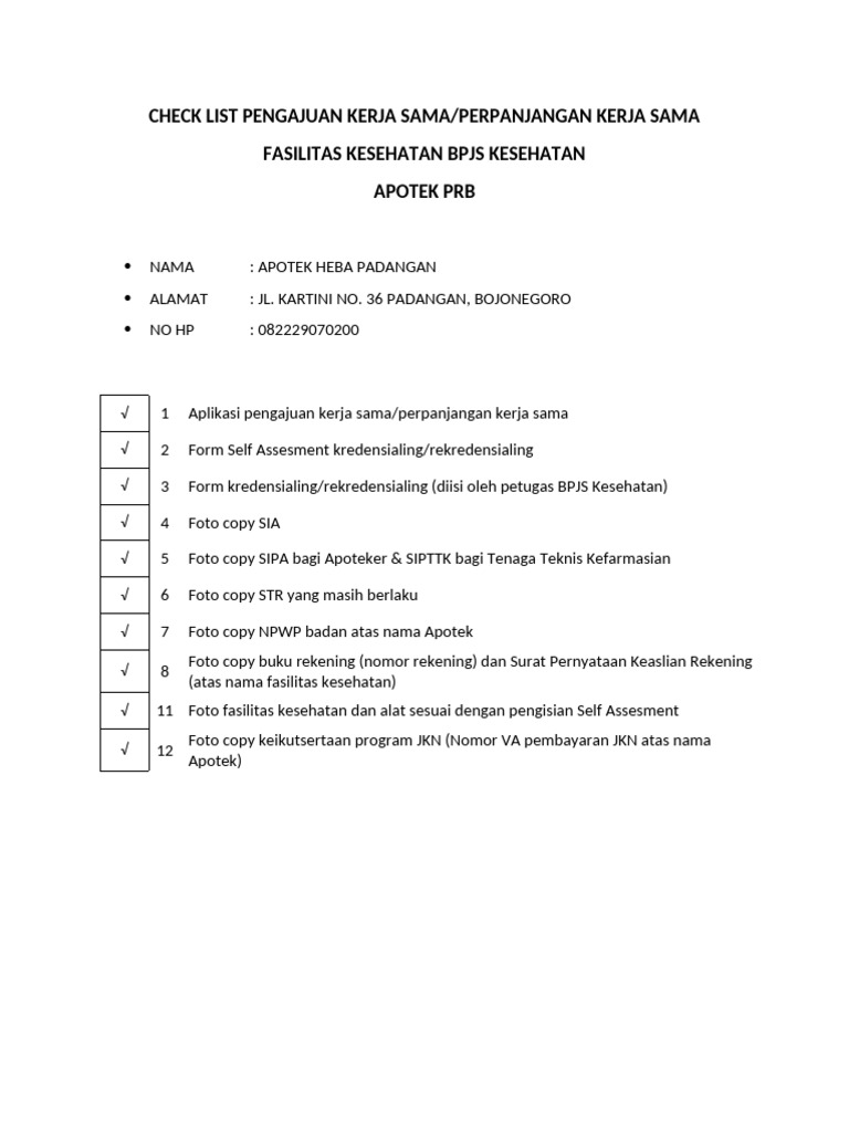Check List Pengajuan Kerja Sama Apotek PRB | PDF