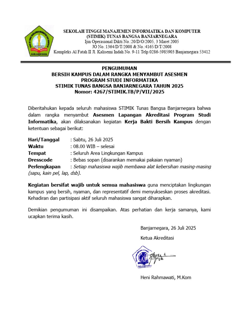 Bersih Kampus STIMIK Tunas Bangsa 2025 | PDF
