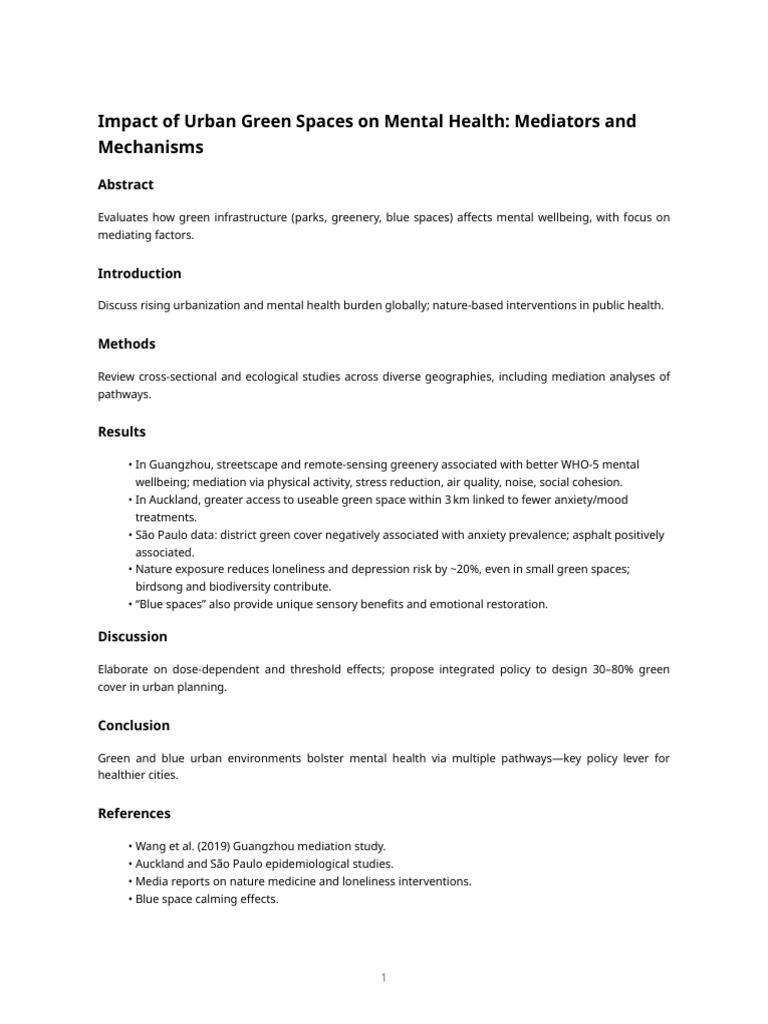 Urban Green Spaces Mental Health | PDF