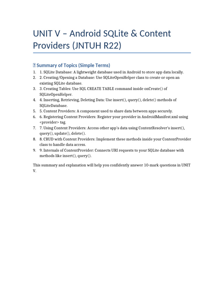 UNIT V Android SQLite Content Providers JNTUH R22 | PDF