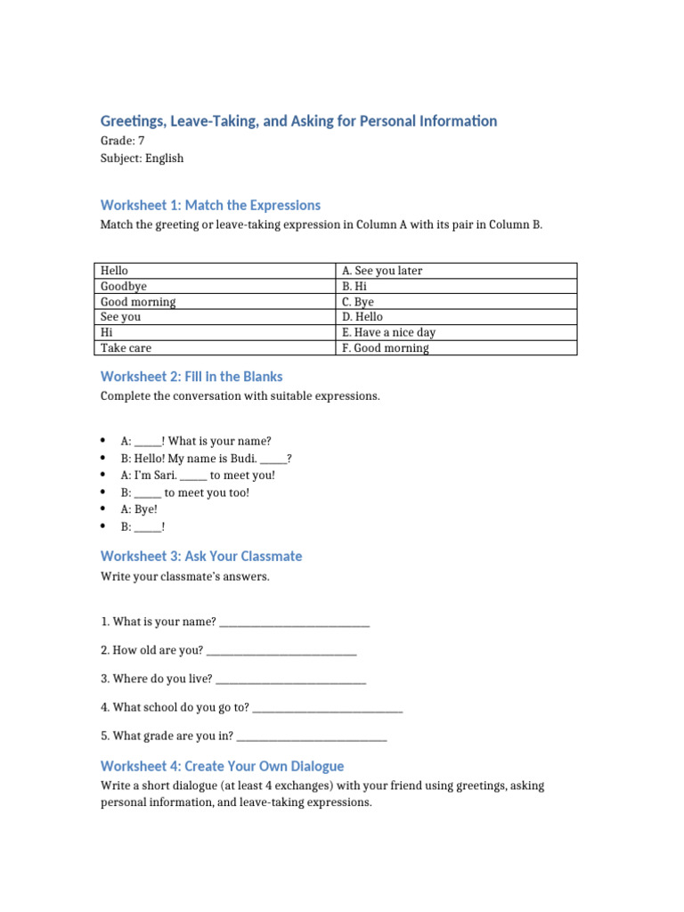 Grade 7 Greetings and Leave-Takings Worksheet | PDF