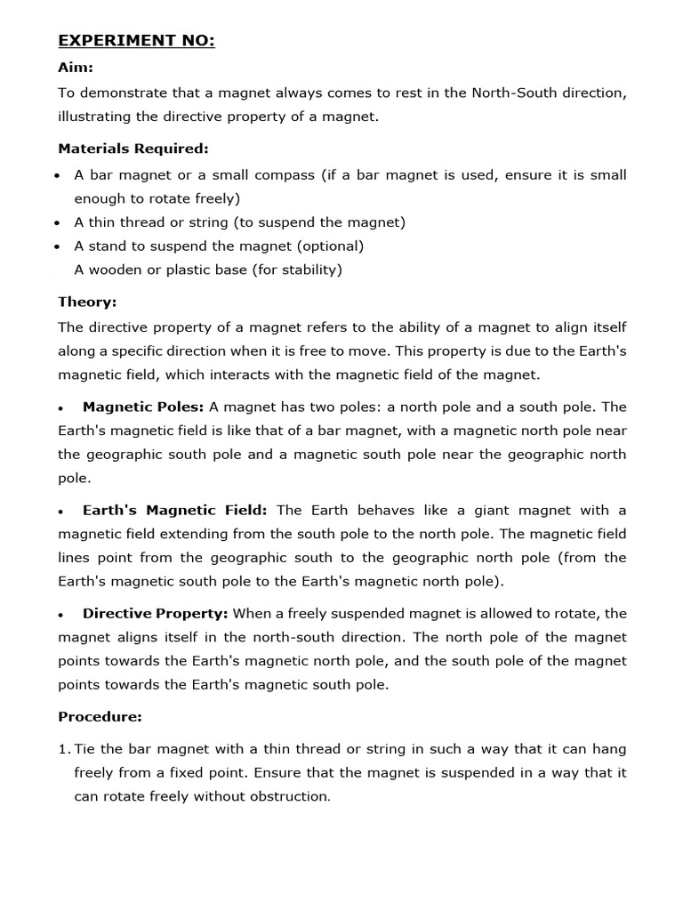 Directive Property of Magnets Experiment | PDF | Magnet | Magnetic Field
