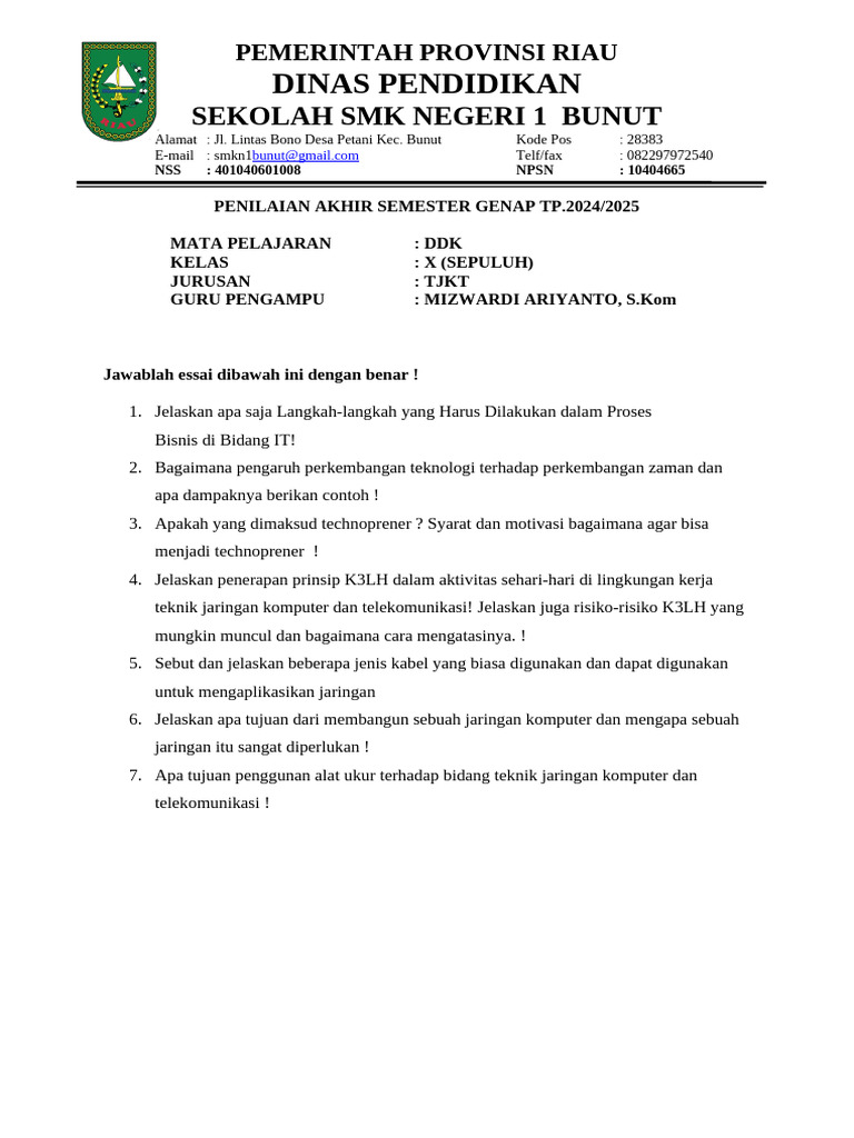 Soal Essay Pas DDK X TKJ | PDF