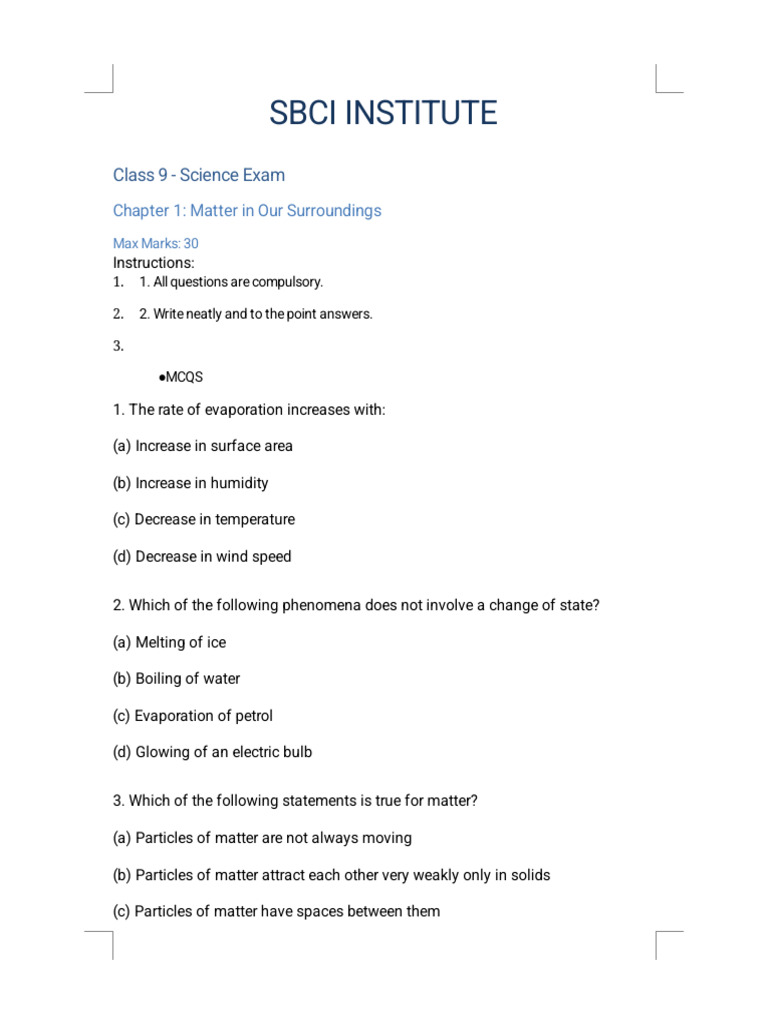 Class 9 Science Chapter 1 Test Paper | PDF | Evaporation | Liquids