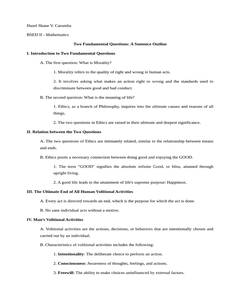Hazel Shane Carumba Two Fundamental Questions Outline | PDF | Happiness | Love