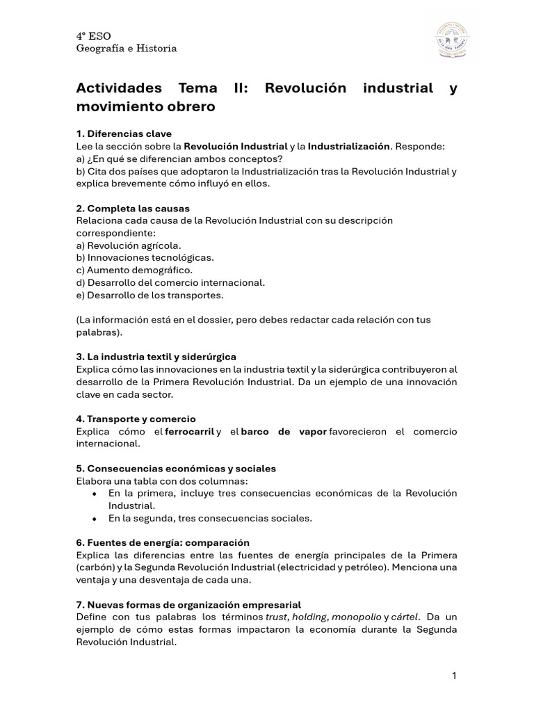 Actividades sobre la Revolución Industrial | PDF | Revolución ...