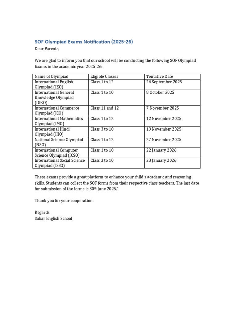 SOF Olympiad Exam Dates 2025-26 | PDF