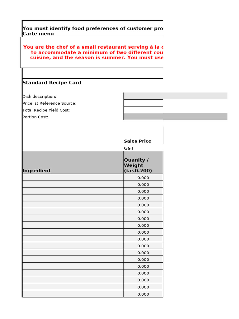 Menu Costing Master Student Handout 10p or 30p SET FINAL | PDF | Menu ...