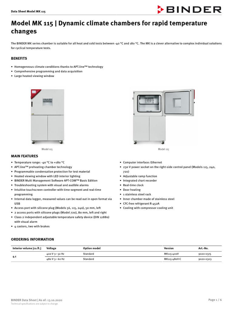 BINDER MK 115 Climate Chamber Data Sheet | PDF | Temperature ...