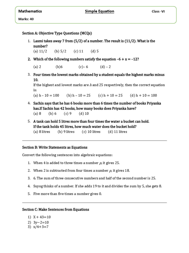 Simple Equation Class 7 Test | PDF