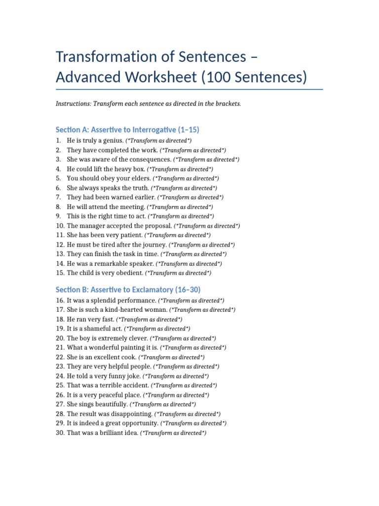 Sentence Transformation Worksheet | PDF
