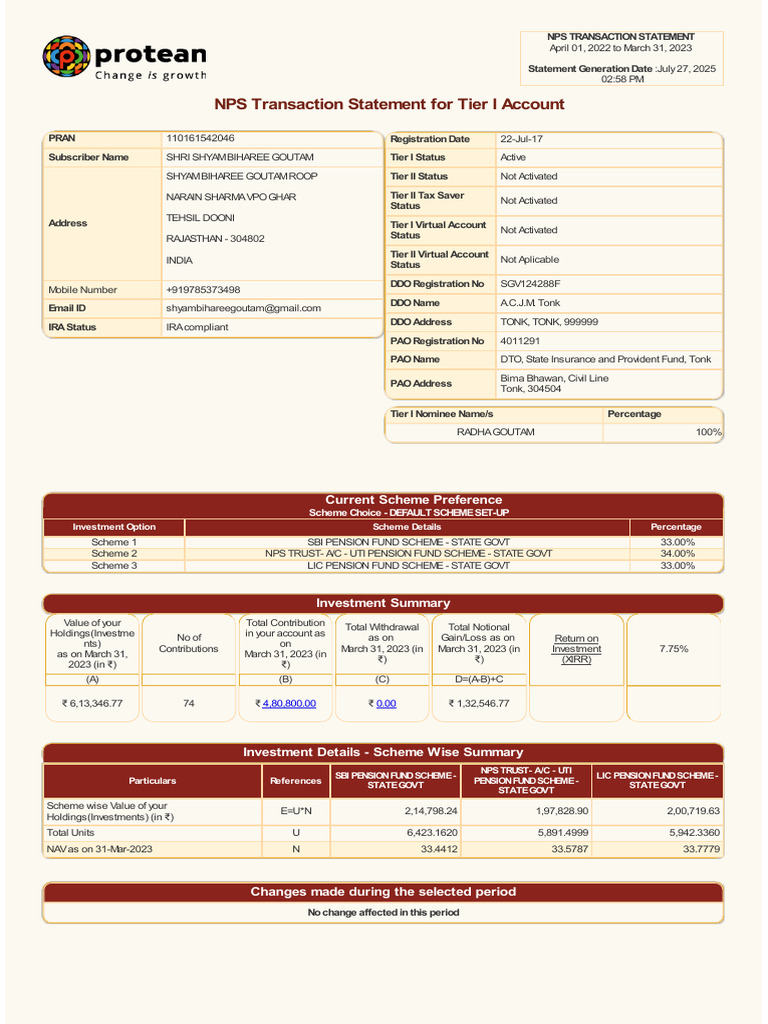NPS Transaction Statement 2022-2023 | PDF | Pension | Tax Deduction