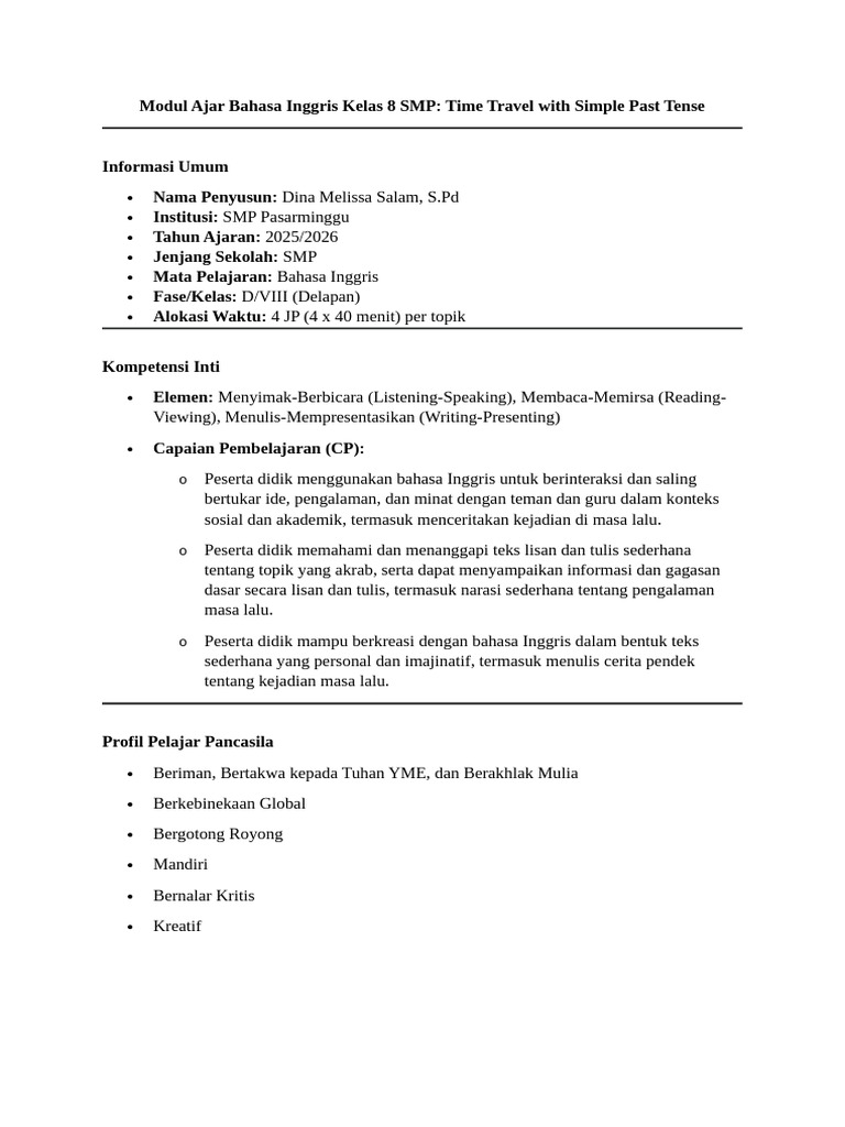Modul Ajar Simple Past Tense | PDF