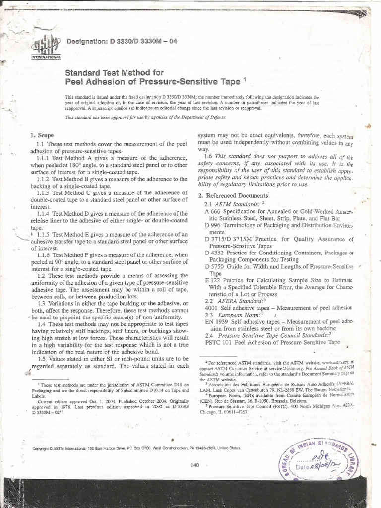 Astm D 3330d 3330m Peel Adhesion of Pressure Sensitive Tape | PDF