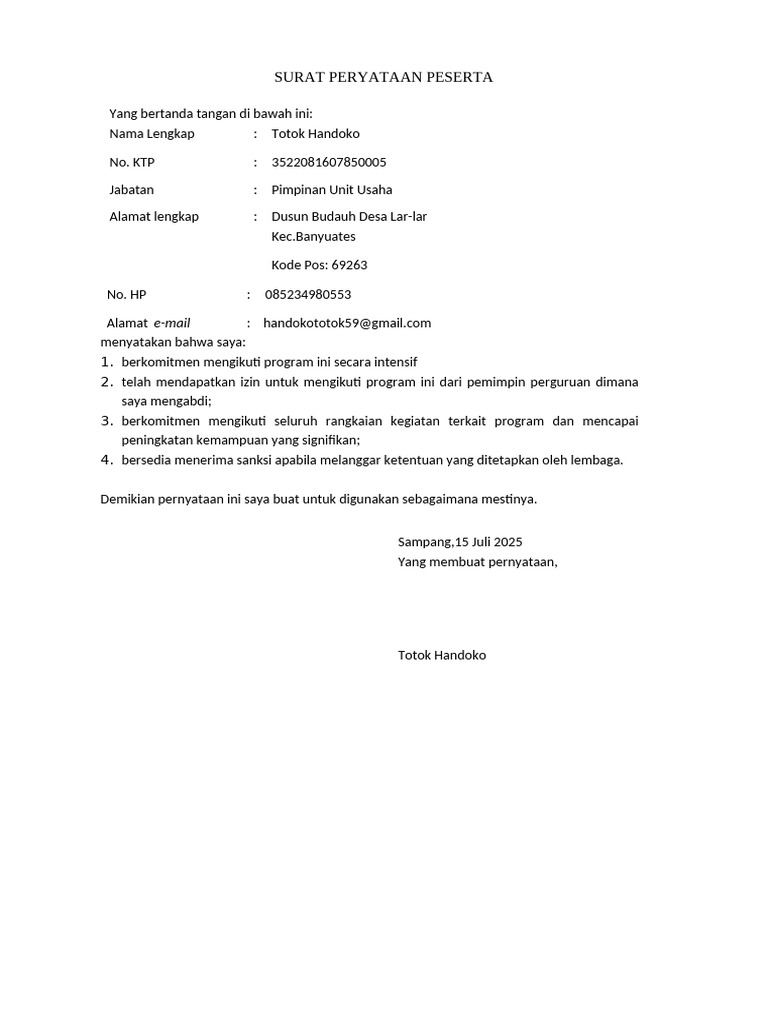 Format Surat Komitmen Peserta | PDF