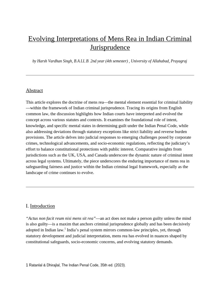 Task-5, Harsh Vardhan Singh UoA, Evolving Interpretations of Mens Rea in Indian Criminal ...