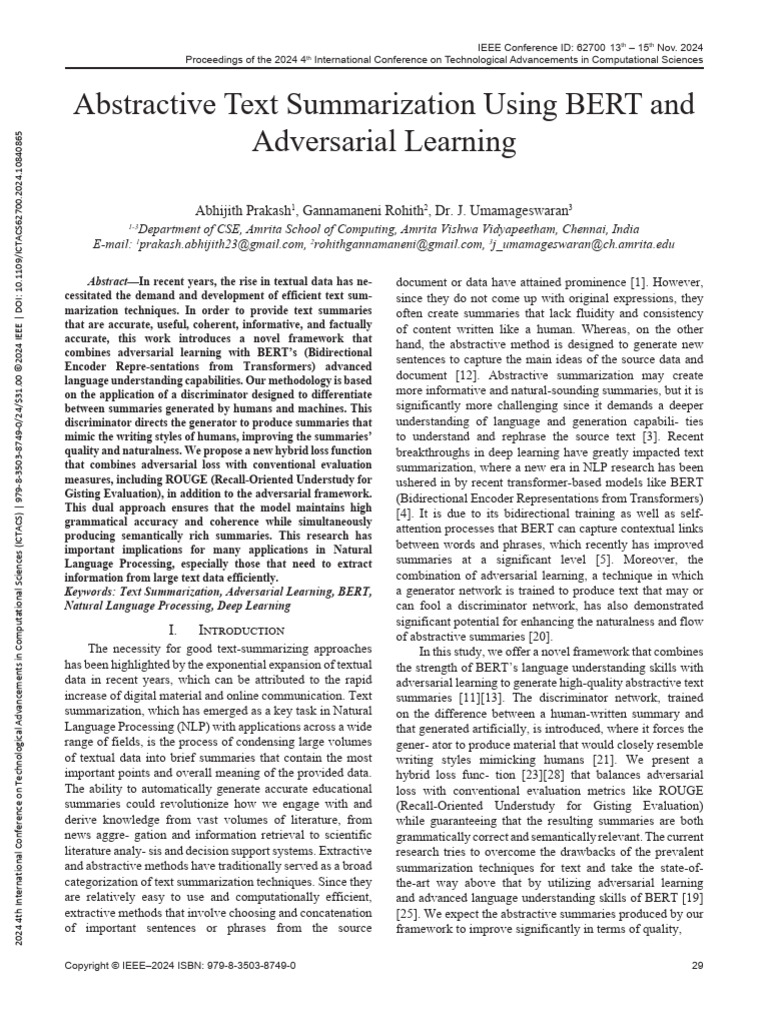 Abstractive Text Summarization Using Bert and Adversarial Learning | PDF | Deep Learning | Computing