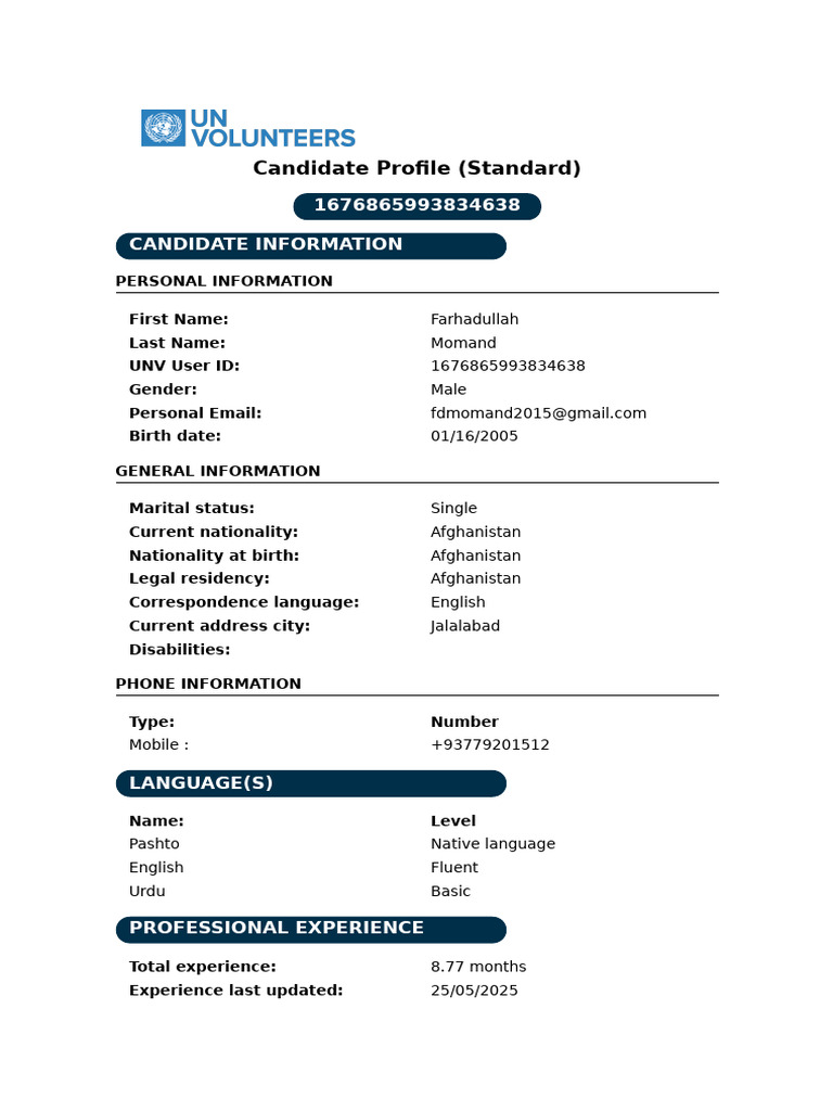 Farhadullah Momand UN Voluntary Profile 25-5-2025 | PDF