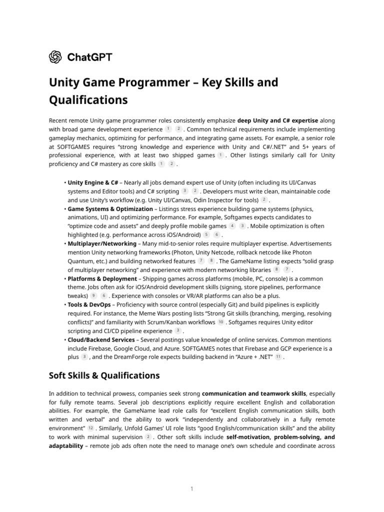 Unity Game Programmer - Key Skills and Qualifications | PDF | Unity (Game Engine) | C Sharp ...