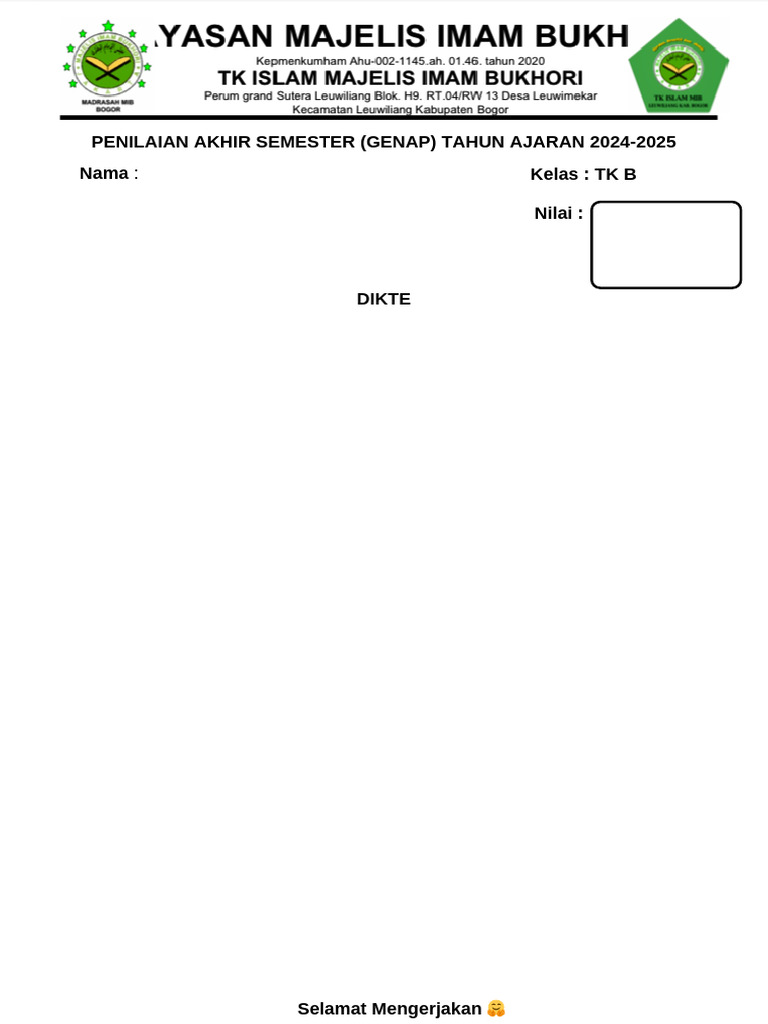 Soal Dikte Dan Berhitung PAS Sem - Genap T.A 2024-2025 PDF | PDF