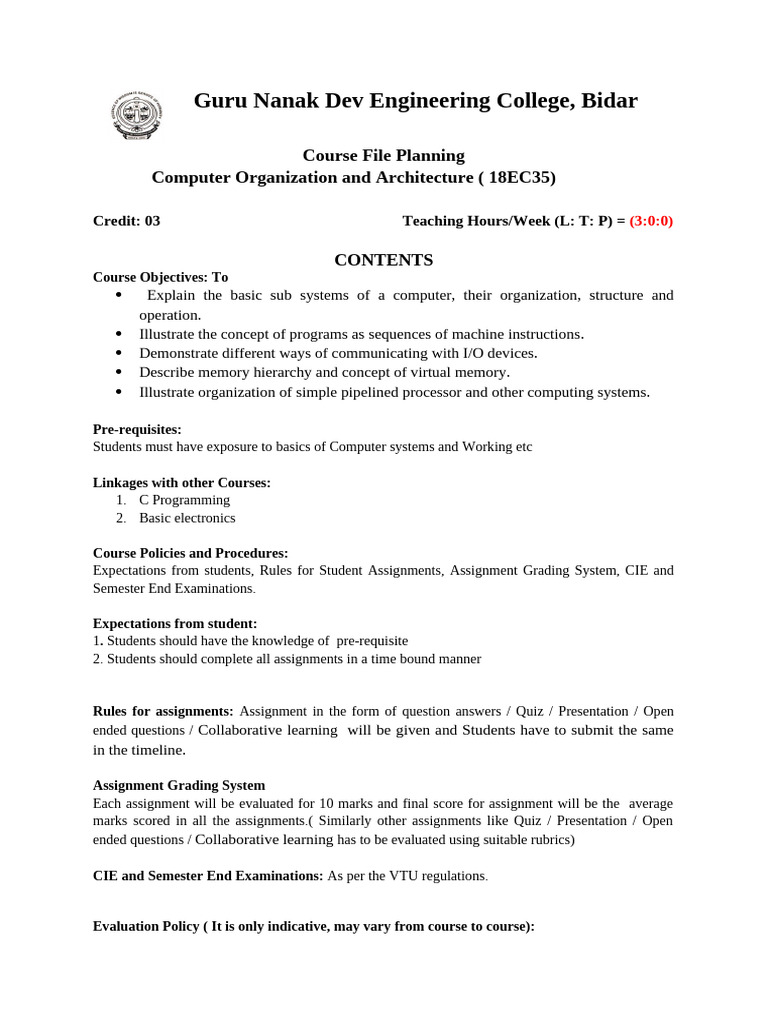 CO&A - Course File Planning 18EC35 (18 Scheme) - Anurada Mam | PDF | Computer Data Storage ...