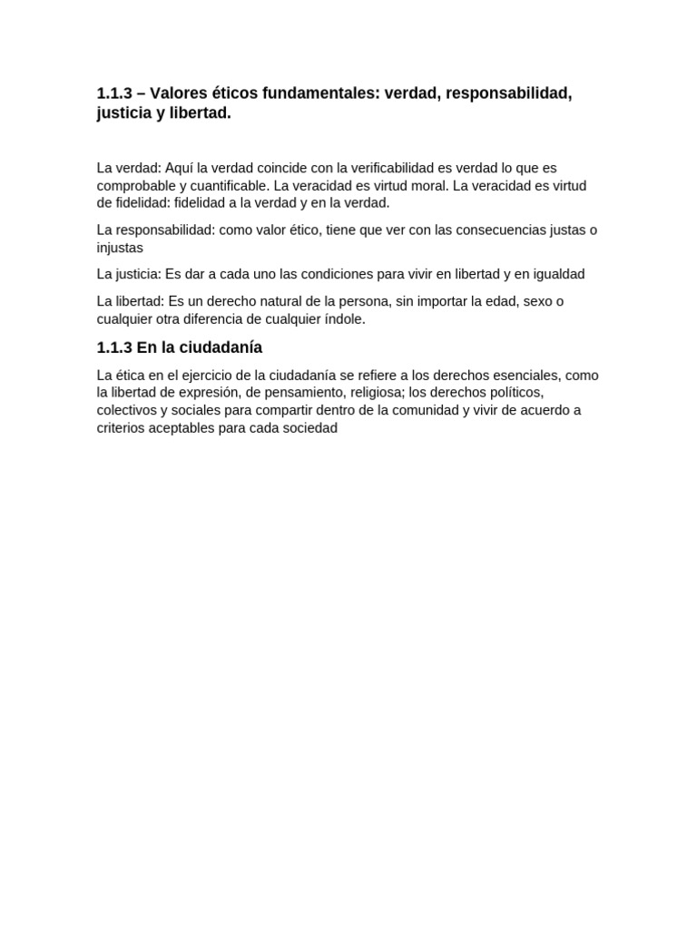 Valores éticos: verdad, responsabilidad, justicia y libertad | PDF