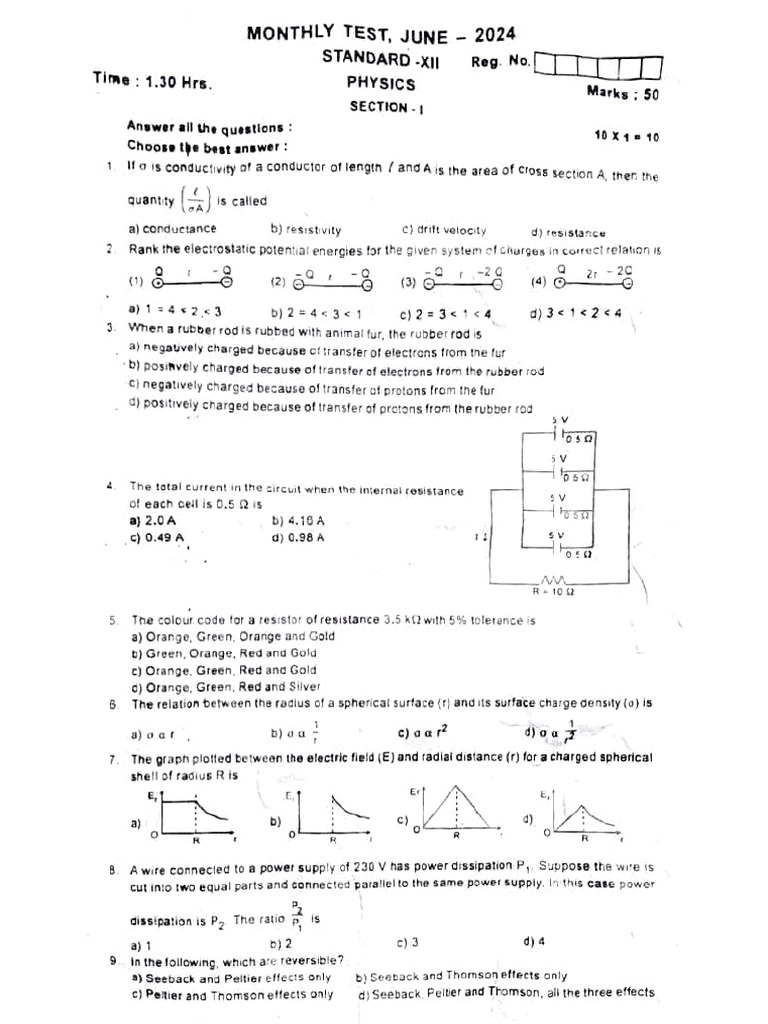 12th Physics Monthly Test June 2024 Question Paper English Medium PDF ...