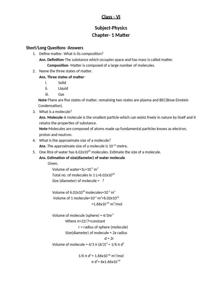 Class 6 - Physics Chapter-1 Matter | PDF | Matter | Molecules