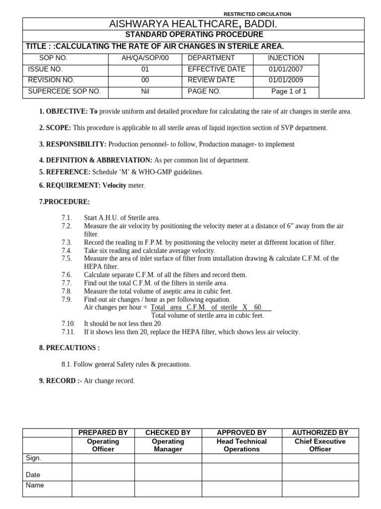 Air Change Rate in Sterile Areas | PDF