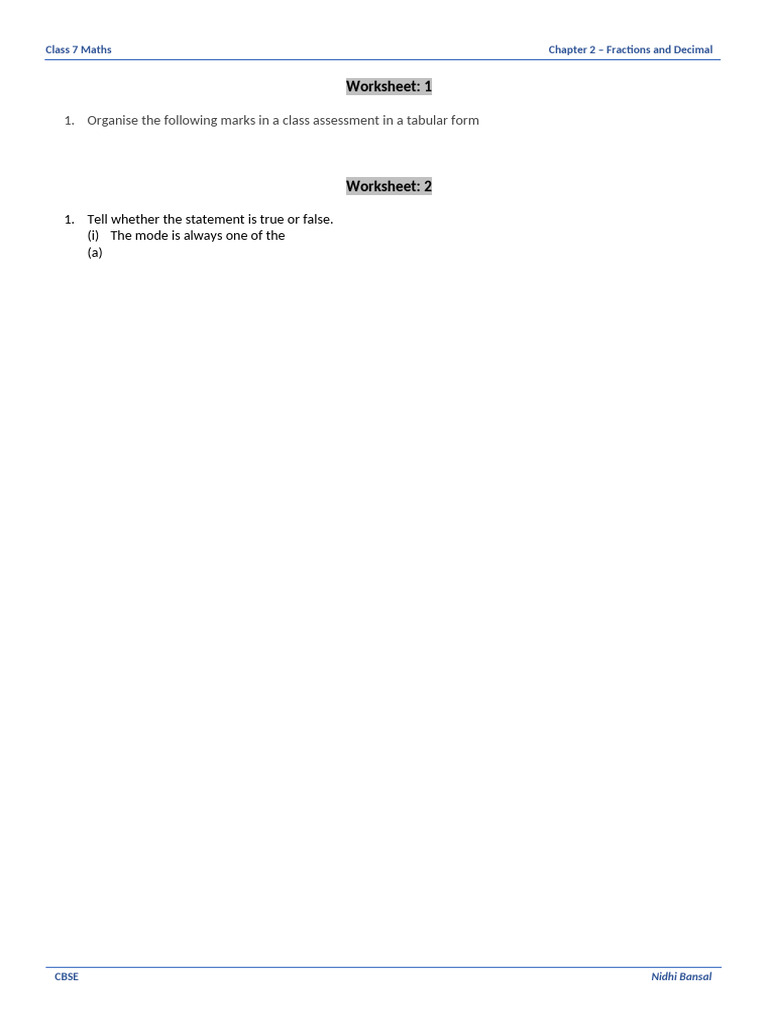 Nidhi Worksheet Class 7 Maths Chapter 2 Fractions and Decimal | PDF