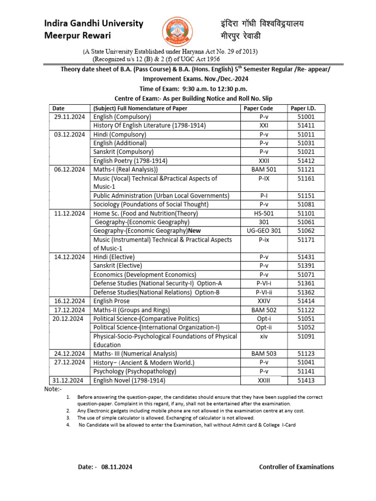 Theory Date Sheet of B.A. (Pass Course) & B.A. (Hons. English) 5th ...