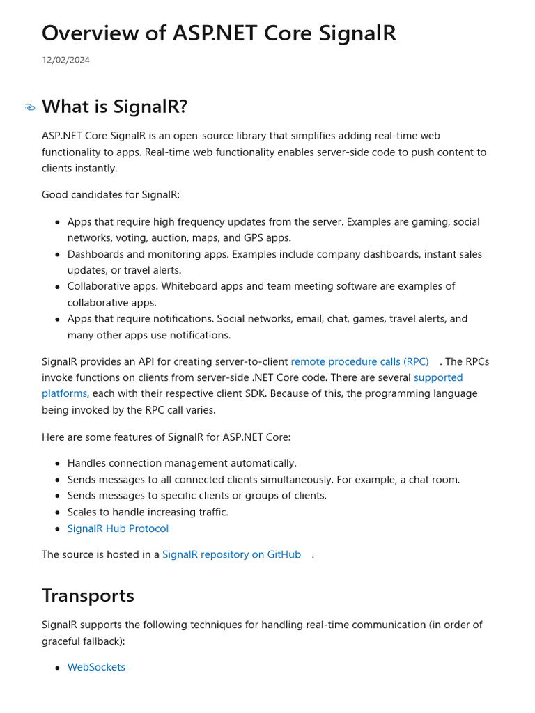 Overview of ASP - Net Core SignalR - Microsoft Learn | PDF | Client ...
