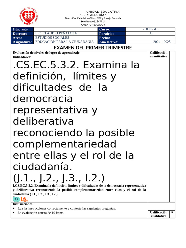 Evaluación Tercer Trimestre 2do Bgu° Ciudadania 2024-2025 | PDF | Gobierno