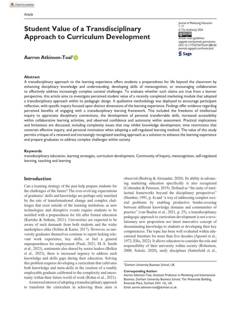 Atkinson Toal 2024 Student Value of A Transdisciplinary Approach To Curriculum Development | PDF ...