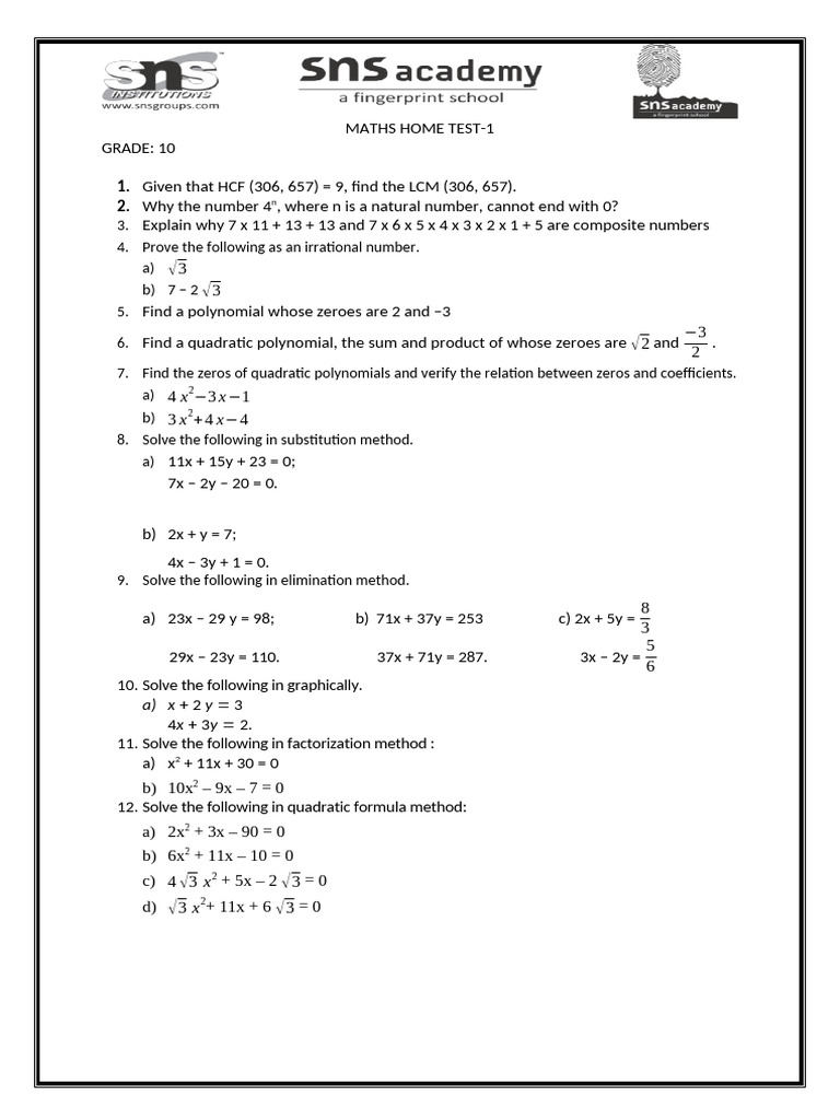 Grade 10 Maths Home Test 1 | PDF