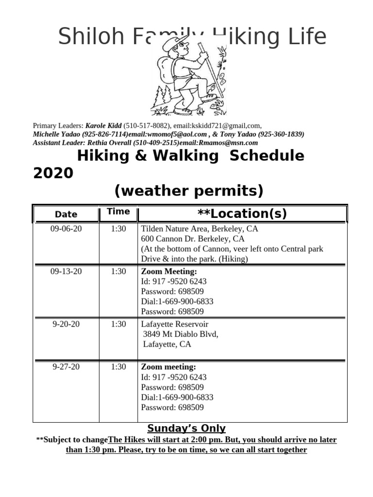 Hiking Walking Group Schedule September 2020 | PDF