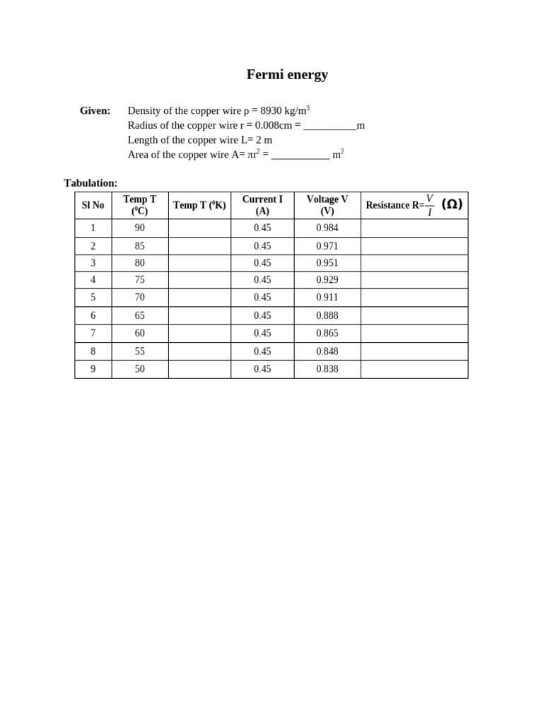 Fermi Energy Experiment in Copper | PDF