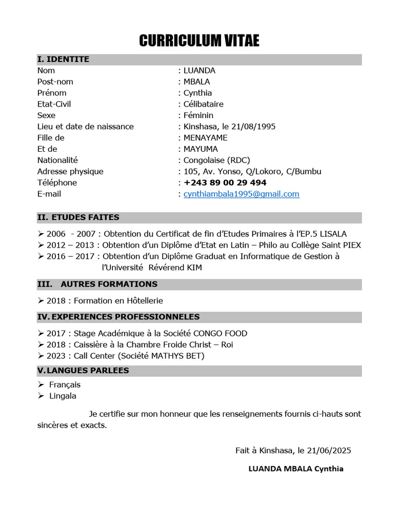 CV de Cynthia Luanda Mbala | PDF
