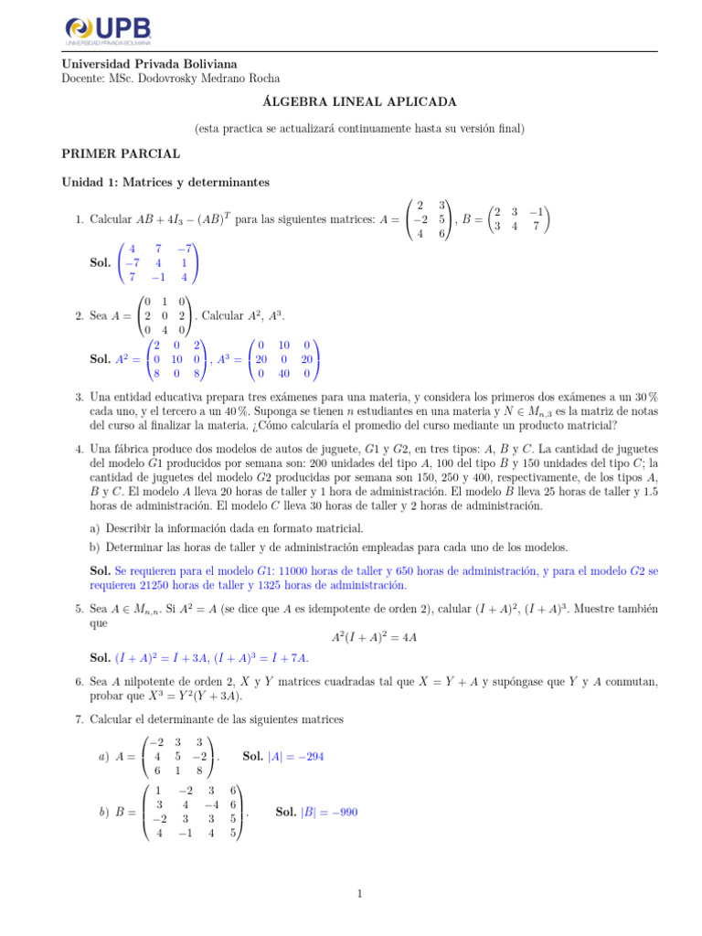 Ejercicios de Álgebra Lineal Aplicada | PDF | Matriz (Matemáticas ...
